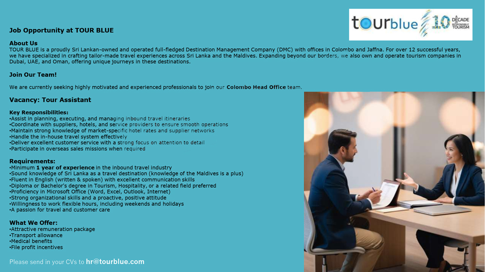 Jobs at Tour Blue - CV Jobs in Sri Lanka and Foreign, Government Jobs ...